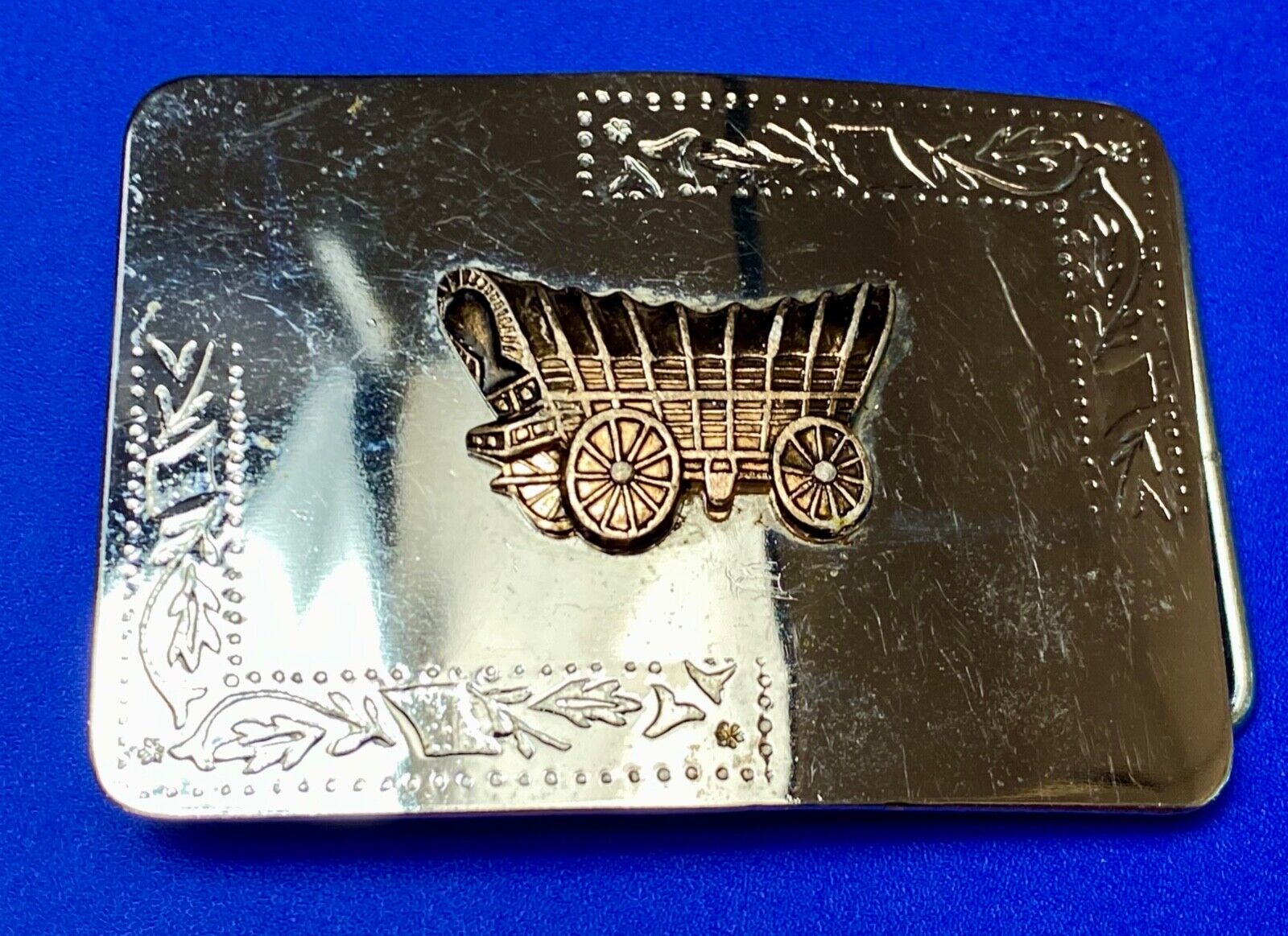 Vintage two tone / color covered wagon western rectangular belt buckle ...
